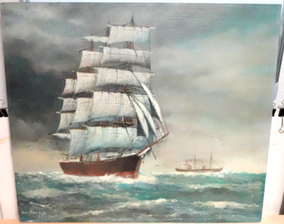 ERNEST VON NESCHKE SAIL SHIP HIGH WAVES ORIGINAL OIL ON BOARD SEASCAPE ...