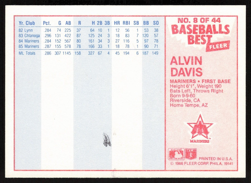 1986 Fleer Baseball's Best -#8 ALVIN DAVIS (Seattle Mariners ...