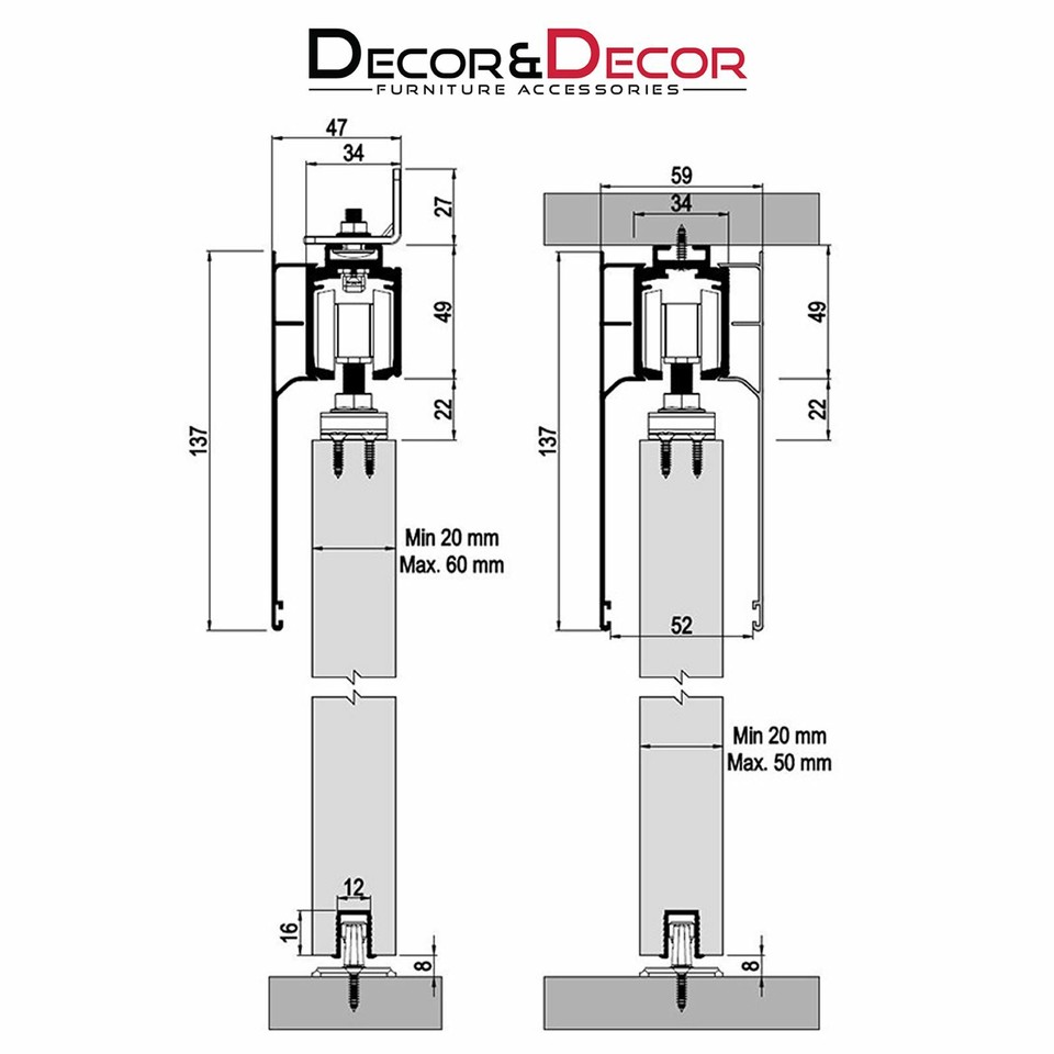 Sliding Door Track System 120KG Per Door Top Hung BOTH WAY SOFT CLOSE ...