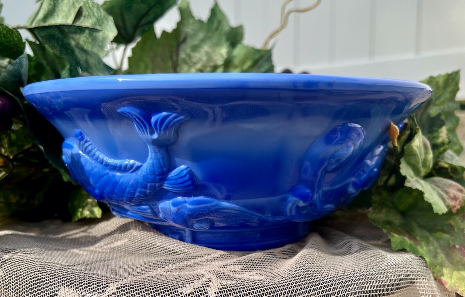 RARE Fenton**MARBLED PERIWINKLE BLUE ATLANTIS KOI FISH BOWL**1990's ...