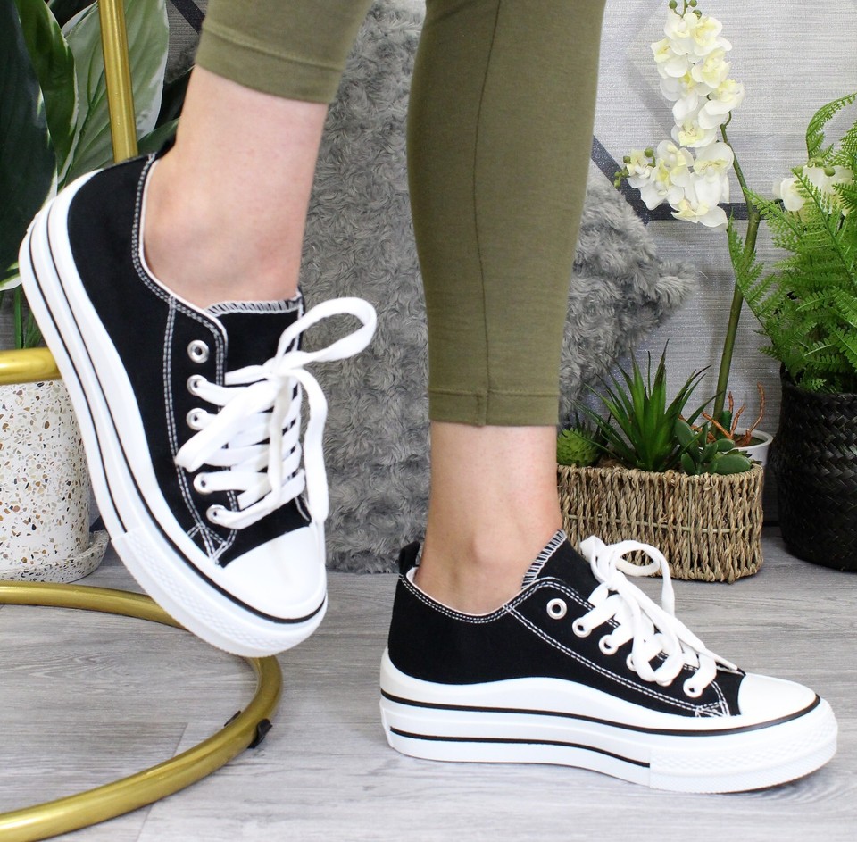 Ladies Canvas Trainers Platform Sneakers Plimsolls Lace Up Pumps Women ...