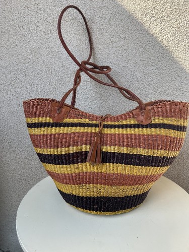 Boho Large Straw Bag Stripe Leather Handles Alaffia baskets Kenya | eBay