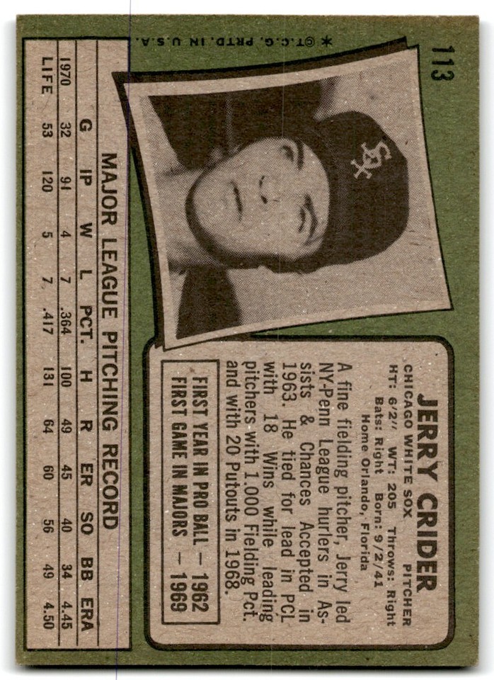 1971 Topps Jerry Crider Chicago White Sox #113 | eBay