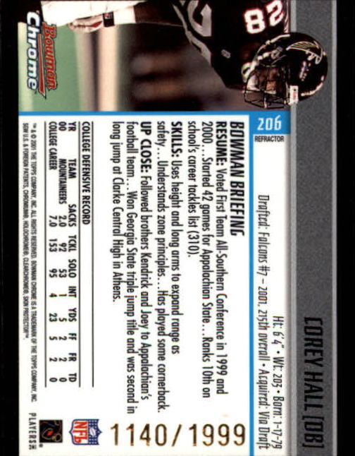 2001 Bowman Chrome #206 Corey Hall Atlanta Falcons Rookie Card RC /1999 ...
