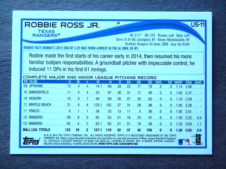 Robbie Ross Jr. #US-11 Topps 2014 Baseball Card (Texas Rangers) LN | eBay