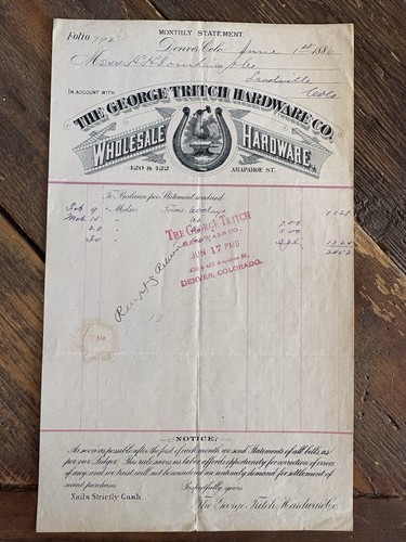 GEORGE TRITCH HARDWARE BILLHEAD-1886-DENVER COLORADO-MINING & RAILROAD ...