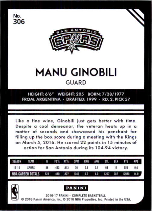 2016-17 Panini Complete Silver Spurs Basketball Card #306 Manu Ginobili ...