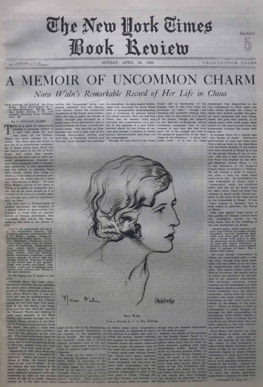 NORA WALN THE HOUSE OF EXILE BALDRIDGE ADAMS 1933 April 23 NY Times ...