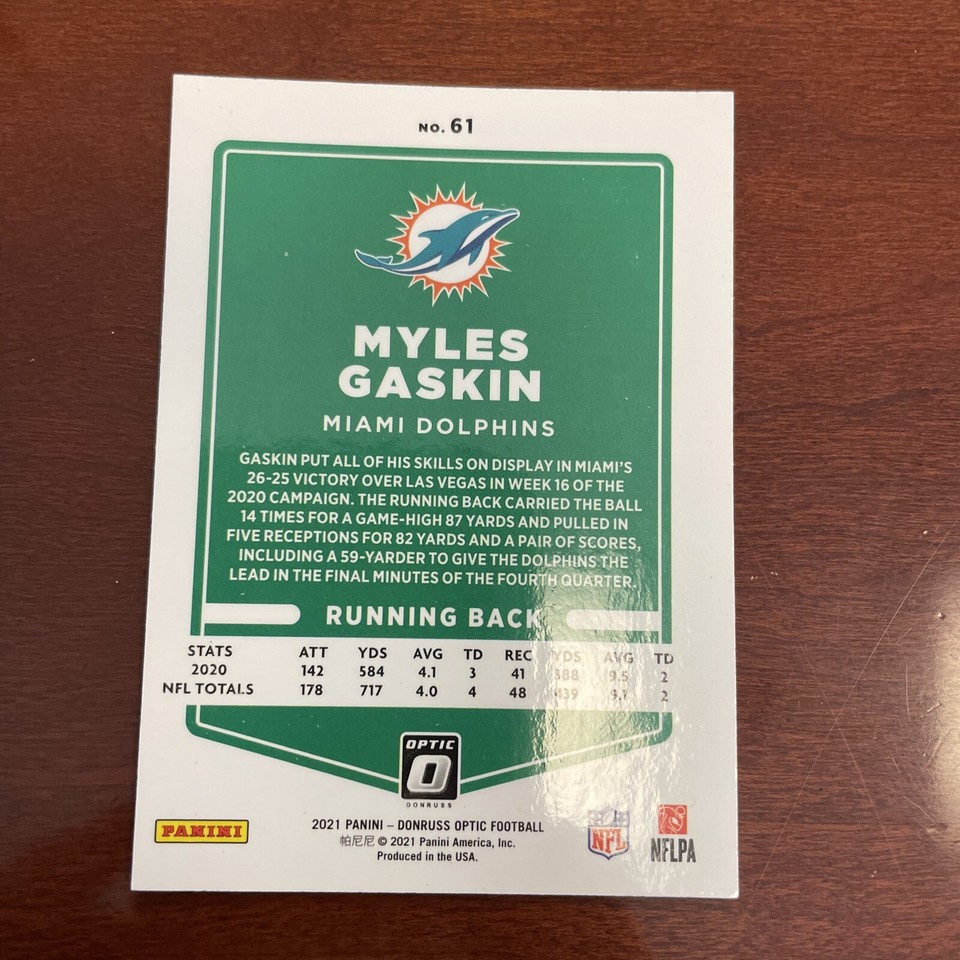 Myles Gaskin 2021 Donruss Optic Football Chrome Base Card #61 Miami ...