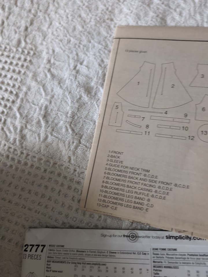 Simplicity Sew Pattern 2777 Miss Costume Bloomers Top Dress Cap ...
