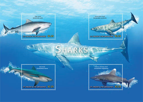 St. Vincent 2015 - Sharks, Great White, Marine Life - Sheet of 4 Stamps ...