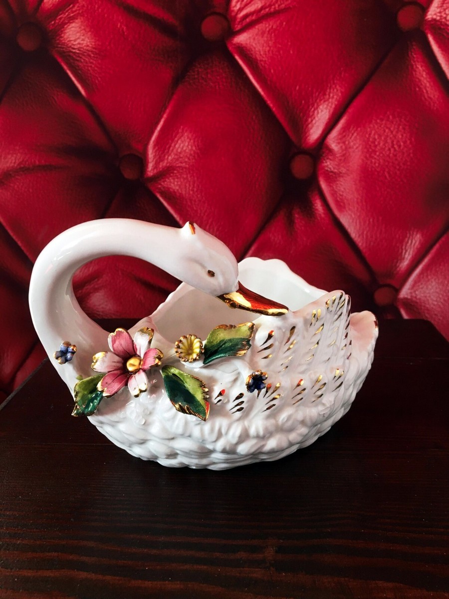 Vintage Capodimonte Porcelain Swan With Flowers Italy