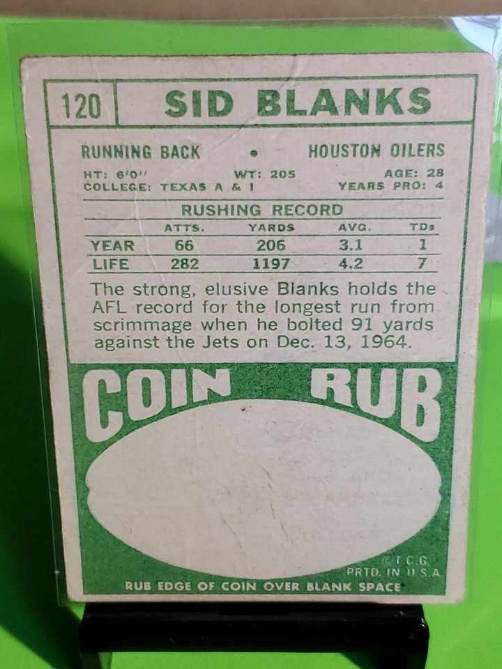 1968 Topps #120 Sid Blanks Houston Oilers Running Back Texas A&I | eBay