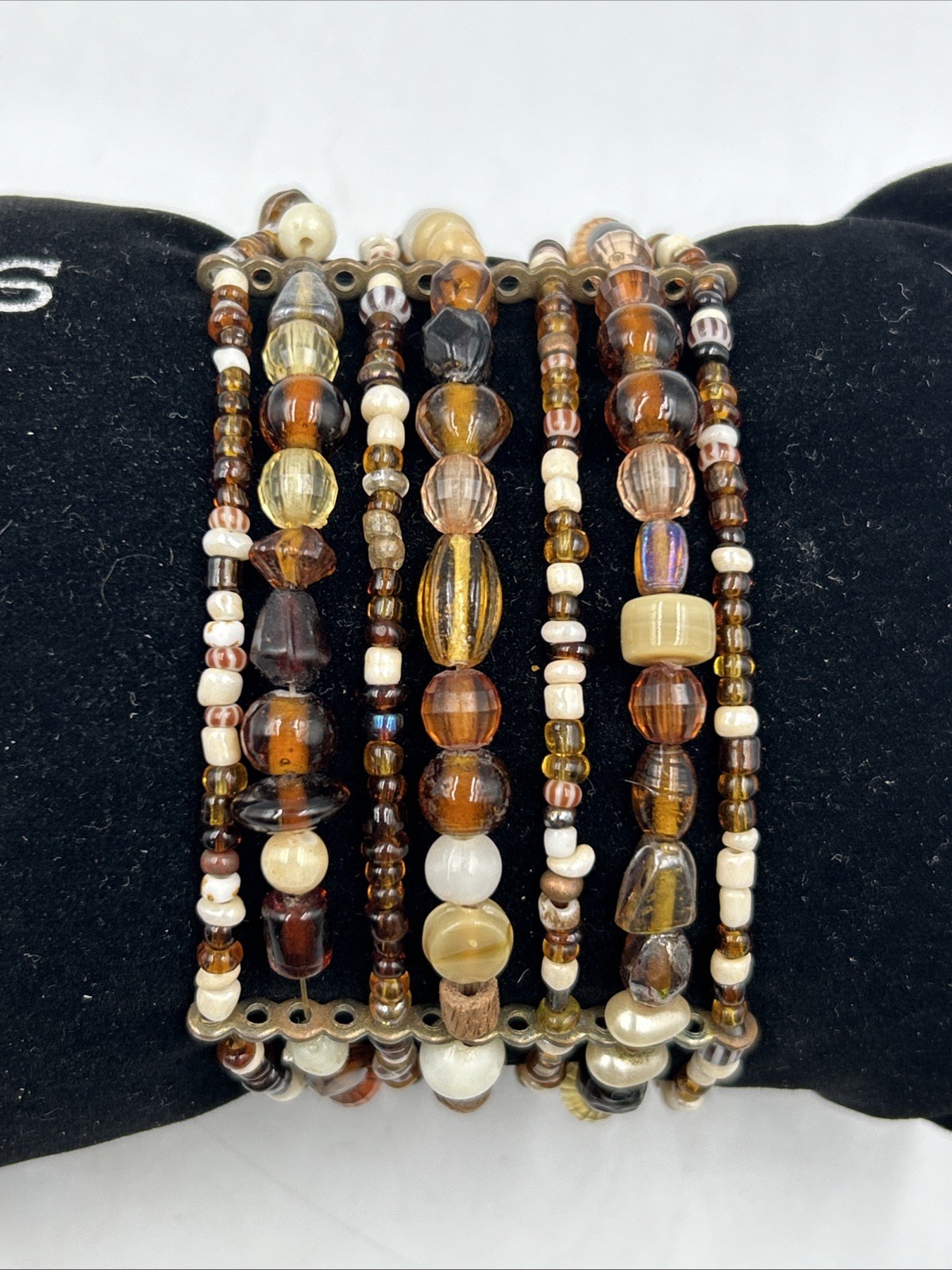 brass & brown seed bead pebble chip memory Stretch cu… - Gem