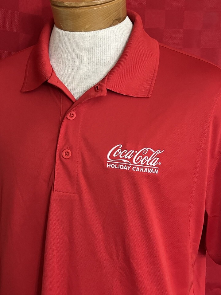 NEW Red Coca Cola Coke Soda Holiday Caravan Polo Shirt Size XL SEWN | eBay