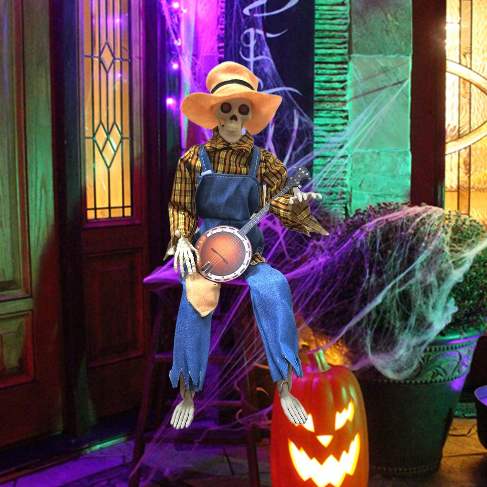 2025Animated Skeleton Playing Banjo Halloween Prop Joint Adjustable ...
