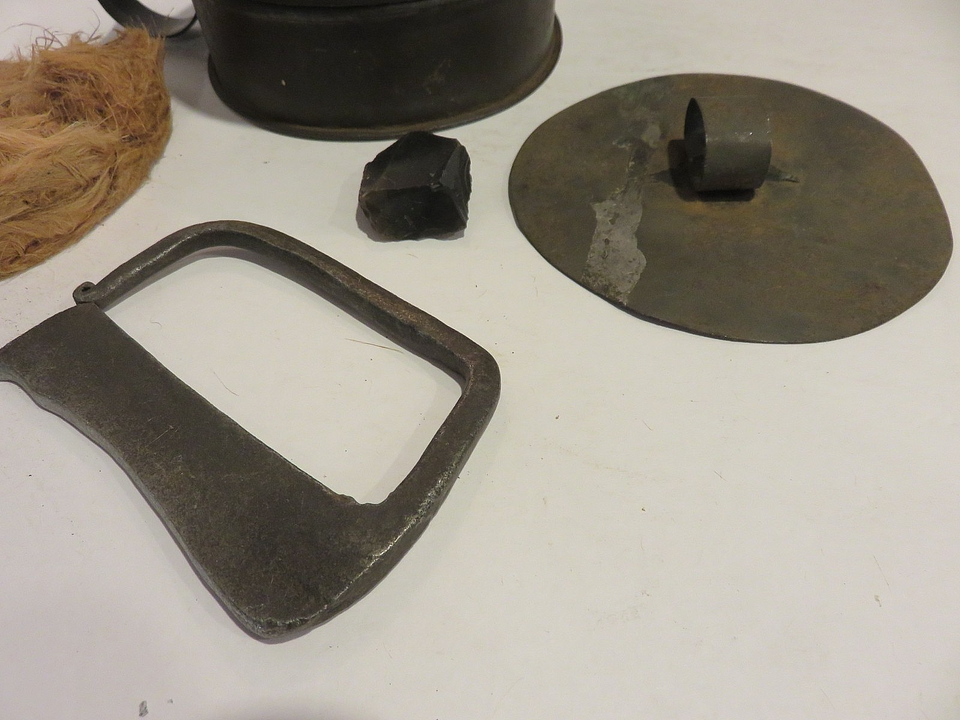 19TH C TINDER BOX W/ CANDLE CUP, DAMPER, FLINT, FLINT STRIKER & TINDER ...