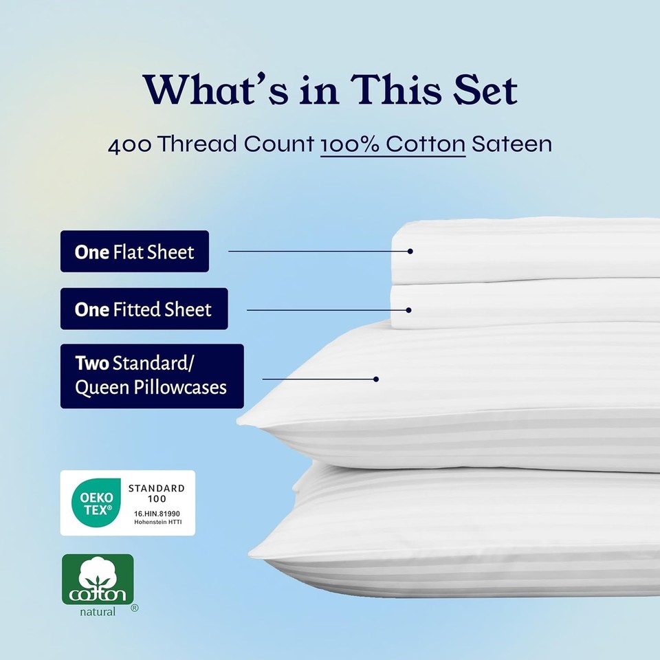 Striped Queen Sheet Set - Soft 400 Thread Count Sateen, Natural 100% ...