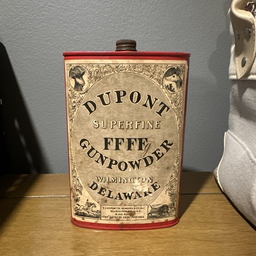 Vintage 1924 Dupont Superfine FFg Gunpowder paper label Empty Tin ...