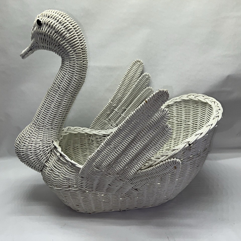 MCM White Wicker Rattan Swan Basket 20” T x 22” L x 12” W | eBay