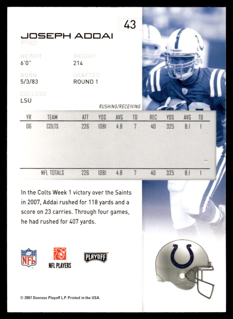 2007 Playoff NFL Playoffs Joseph Addai Indianapolis Colts #43 | eBay