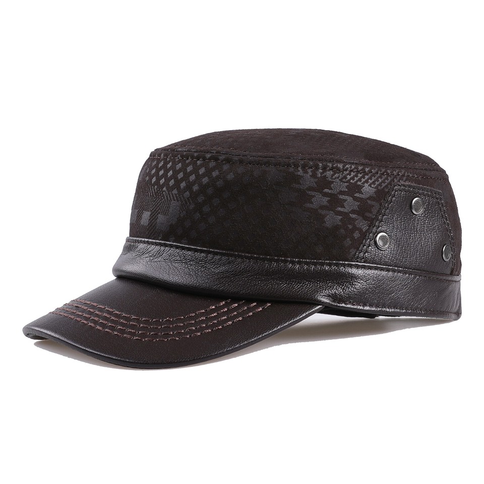Men's Flat Top Cap Real Sheepskin Leather Military Style Caps Cadet ...