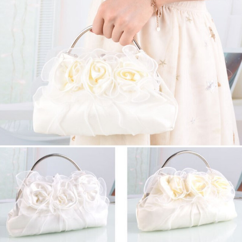 Fairy Women Satin Mesh Flower Clutch Faux Silk Purse Bag Bridal Handbag ...