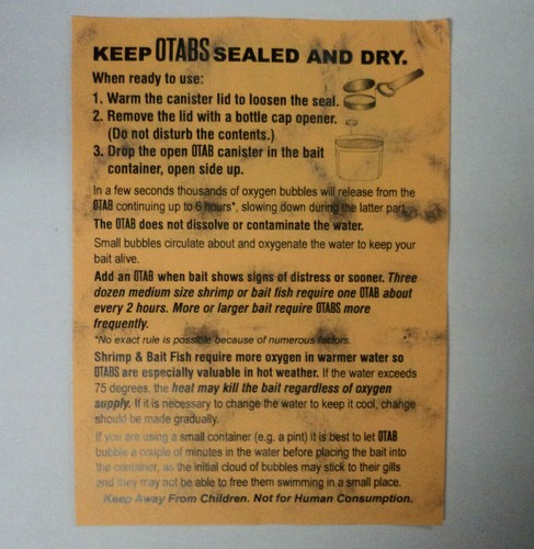 O-tab Oxygen 6 Tablets Keeps Bait Alive Longer Otab Livewell Bubbles ...