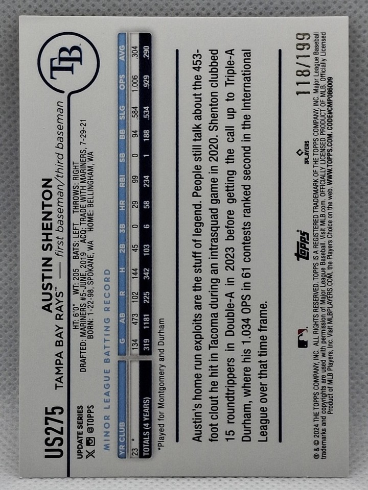 2024 Topps Update Austin Shenton RC #US275 Red Crackle Foilboard /199 ...