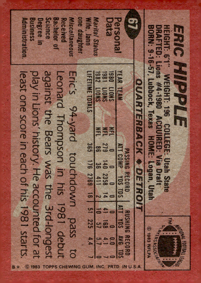 1983 Topps - #67 Eric Hipple Lions | eBay
