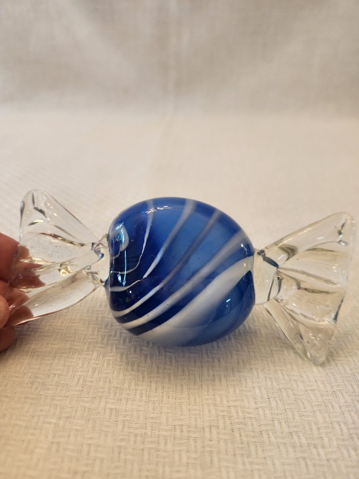 Hand Blown Art Glass Wrapped Candy Figurine Large Blue White Swirl ...