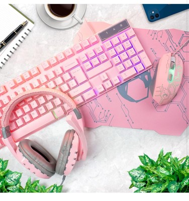 PINK - Gaming Keyboard Mouse Headset, USB Wired Crack Backlit Keyboard ...