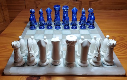 VINTAGE DUNCAN HAND PAINTED CERAMIC MEDIEVAL CHESS PIECES COMPLETE SET ...