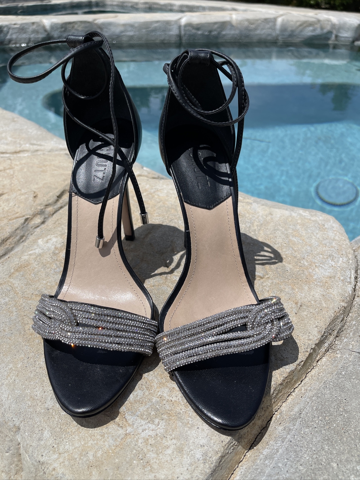 SCHUTZ Andy Crystal Embellishments Stiletto Heels Leather Sandals Size ...