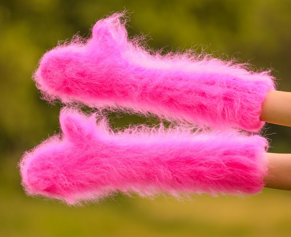 Fuzzy long mohair mittens thick warm handmade soft ski hand warmers ...
