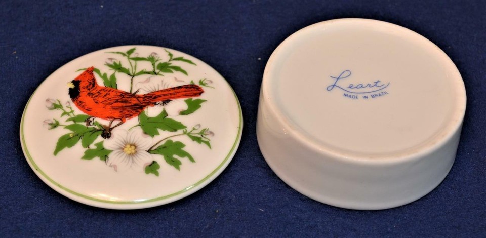 Vintage LEART Porcelain Brazil Red CARDINAL BIRD Round Shape Trinket ...