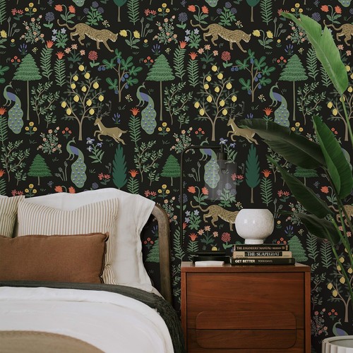 17.3"x394"Forest Peel and Stick Wallpaper Retro Flower Dark Animal ...