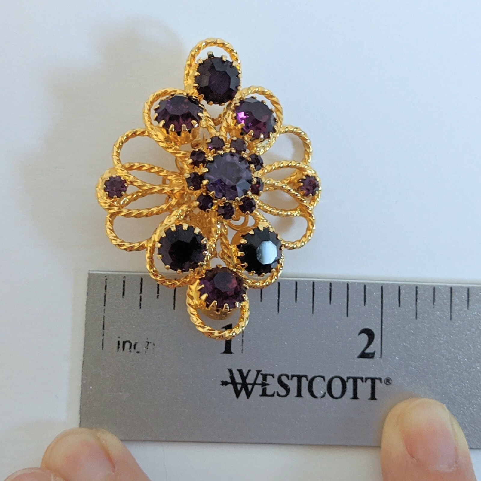 VTG UNSIGNED PURPLE Rhinestone LAYERED BROOCH PIN Gold Tone | eBay