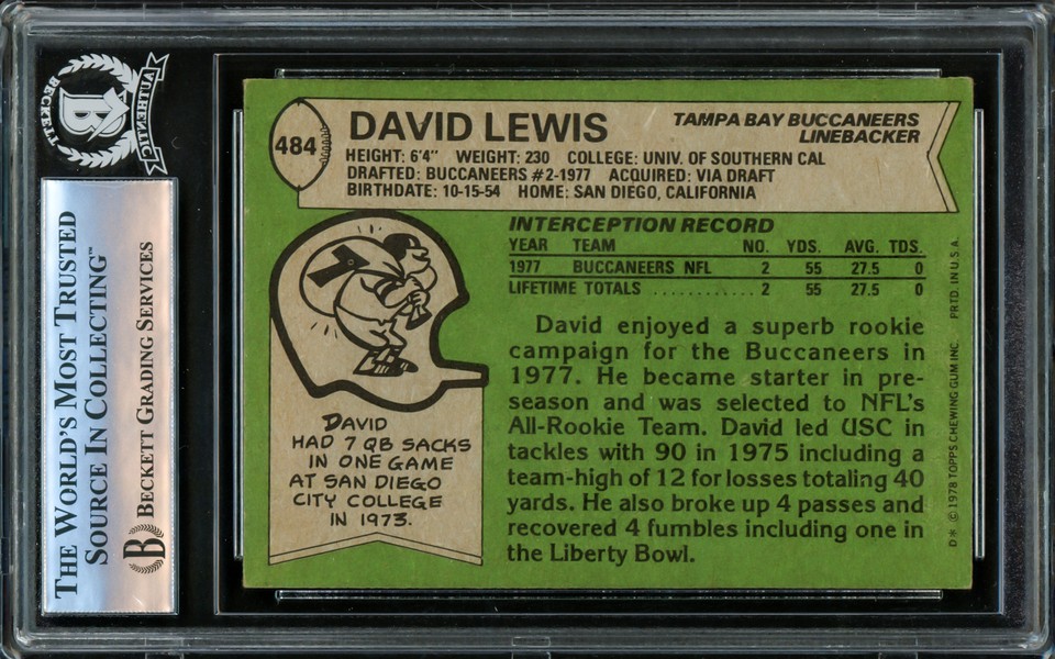 David Lewis Autographed 1978 Topps Rookie Card #484 Buccaneers Beckett ...
