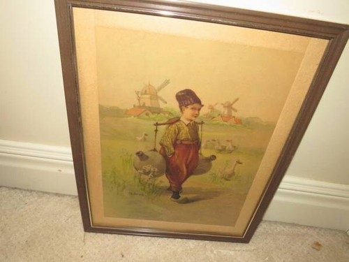 VTG PICTURE HOLLAND WINDMILL DUTCH PRINT LITTLE BOY CARRYING JUGS DUCKS ...