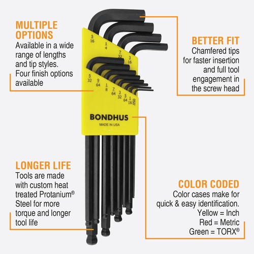 Bondhus 10936 BallDriver Tip Hex Key L-Wrench Set of 12pcs with ...