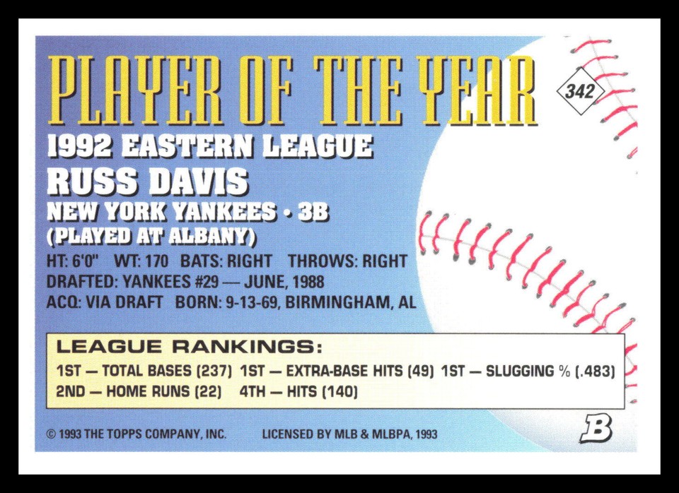 1993 Bowman Russ Davis #342 RC New York Yankees 4G | eBay