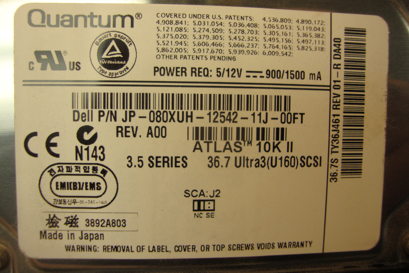 QUANTUM ATLAS 10K II DELL 80XUH 36.7GB 80 PIN SCA SERVER SCSI HARD ...