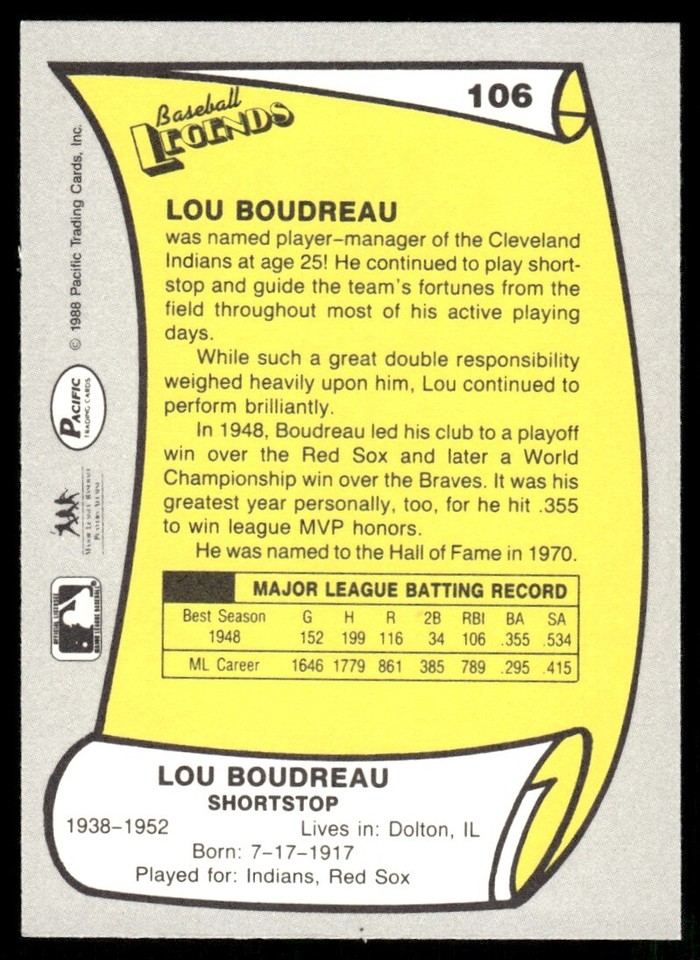 Lou Boudreau Boston Red Sox #106 1988 Pacific Legends I Baseball Card ...
