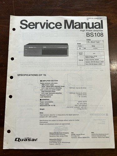 Quasar BS108 High Power Amplifier Service Manual Repair OEM Diagrams | eBay