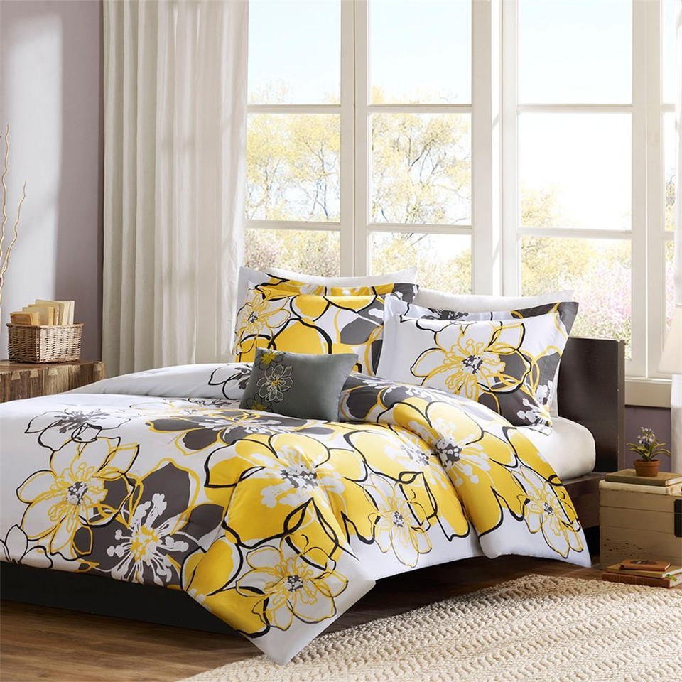 BEAUTIFUL GIRLS CHIC YELLOW GREY FLORAL FLOWER ULTRA SOFT COMFORTER SET ...