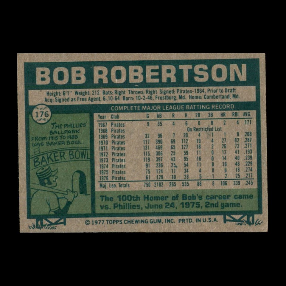 Bob Robertson 1977 Topps Pittsburgh Pirates #176 Set Break NICE! | eBay