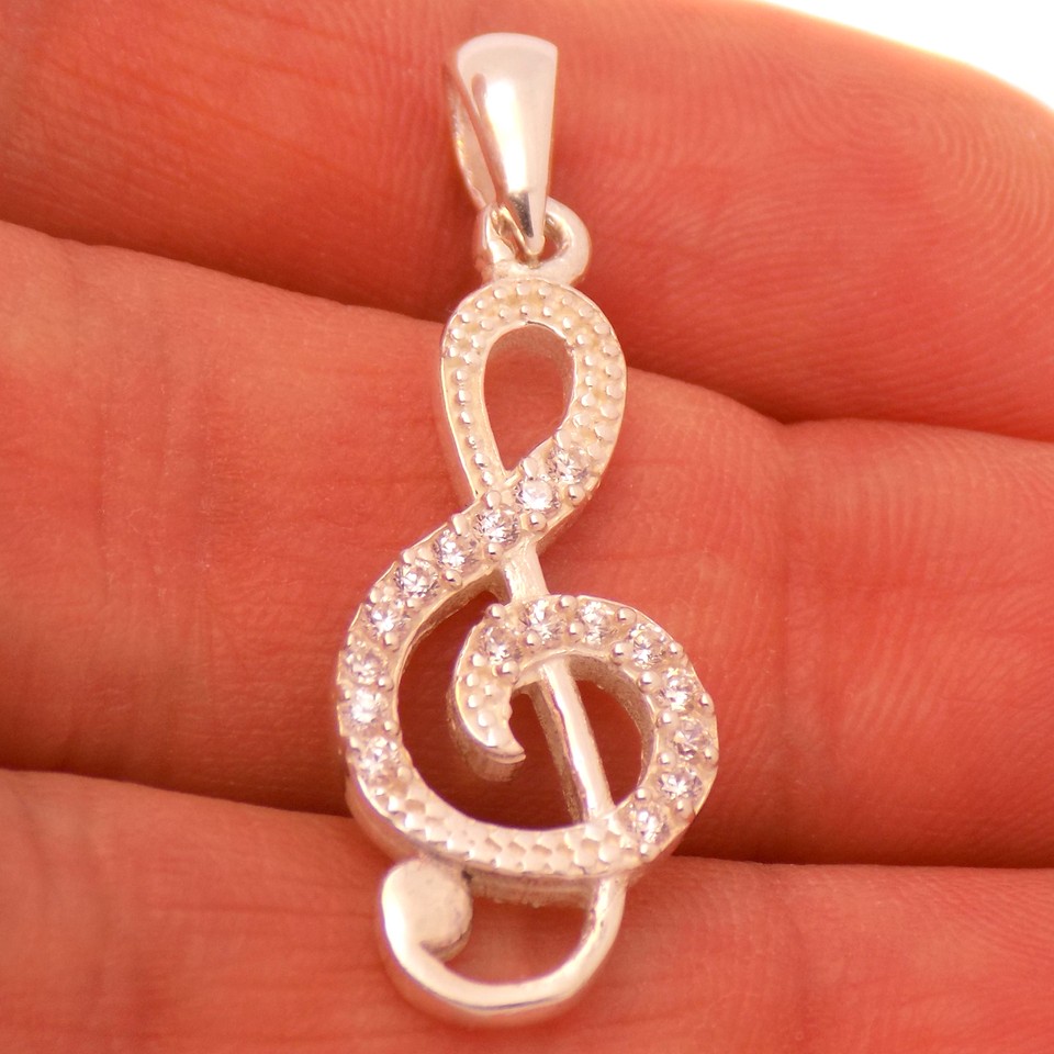 Cute 925 Sterling Silver Musical Treble Clef White CZ Pendant &Gift ...