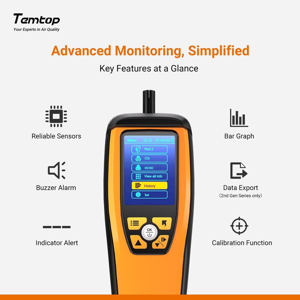 Temtop M2000 2nd Air Quality Monitor PM2.5/10 CO2 HCHO Formaldehyde ...