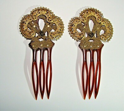 2 MATCHING ORNATE GOLD FILIGREE ANTIQUE HAIR COMBS SET FLOWER ROSE | eBay